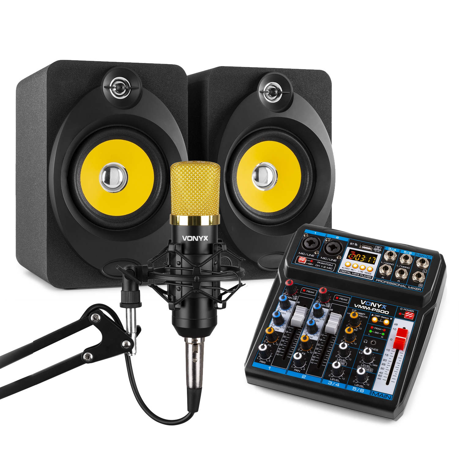 Vonyx Home Studio Setup with Desktop Speakers, Mixer & Gold Microphone